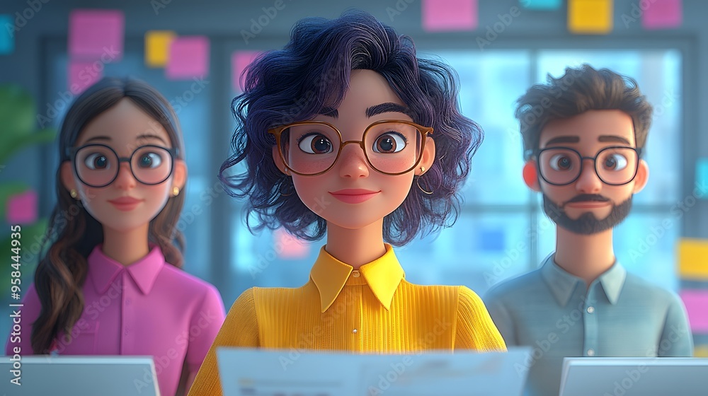 Sales team in a vibrant 3D cartoon office, focused on creating a ...