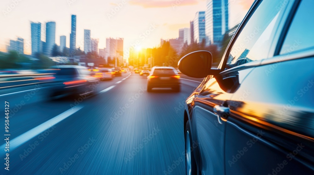 POV from a car on a busy urban highway, motion blur of passing vehicles ...