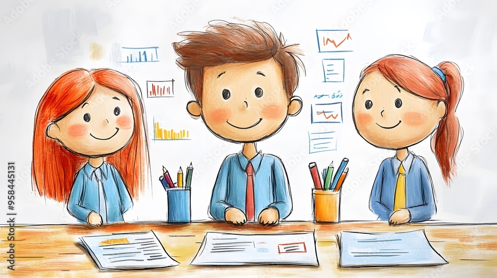 3D cartoon sales team brainstorming, developing a business plan with ...