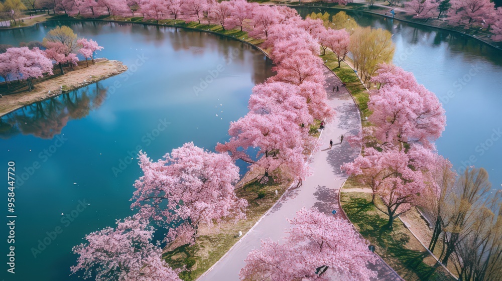 Present the seasonal beauty of cherry blossom trees in full bloom ...