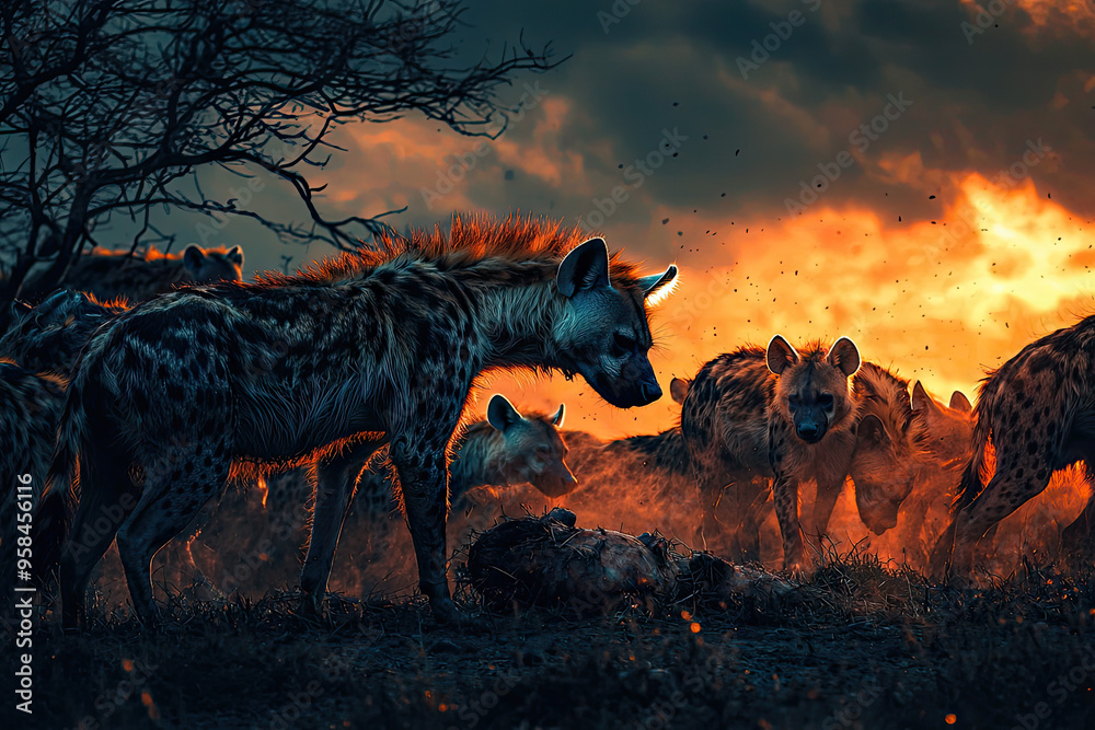Hyenas Feast Under a Fiery Sky: A pack of hyenas devours their prey as ...