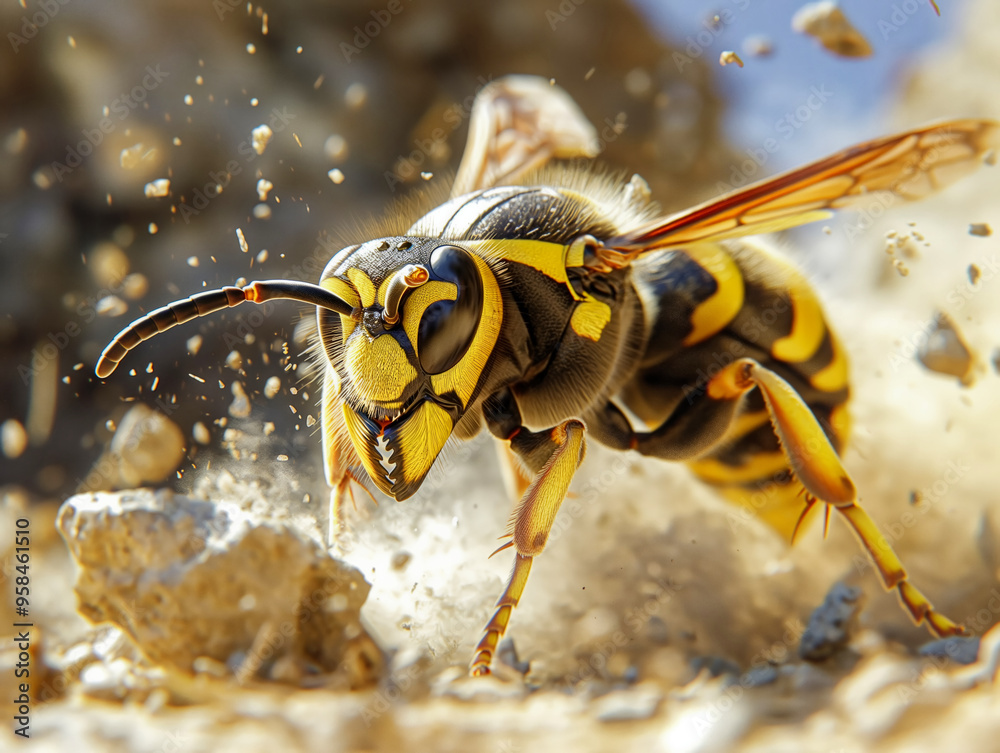 A yellow and black wasp is flying through the air, kicking up dust as ...