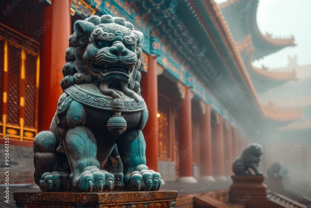 Tibetan guardian snow lion statue enveloped in smoke within an ...