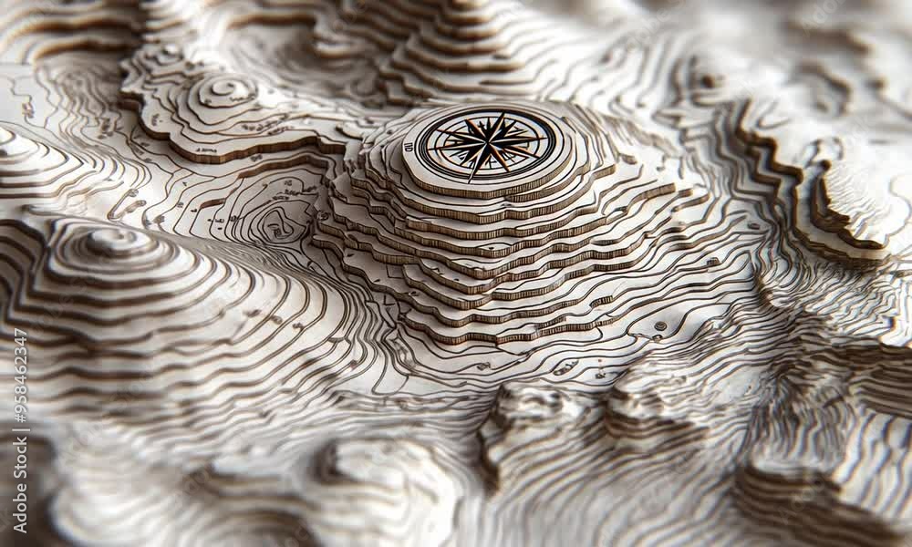 A topographic map with intricate contour lines. These lines depict the ...