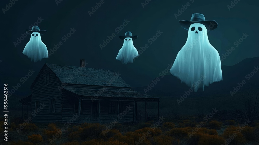 Haunted ghost town in the Wild West with spectral cowboys, Halloween ...
