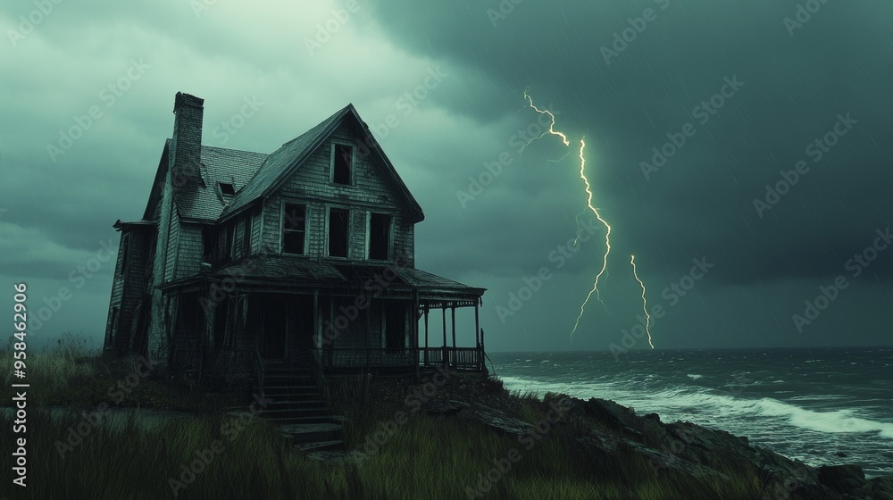 An ominous Halloween scene featuring a haunted house at the edge of a ...