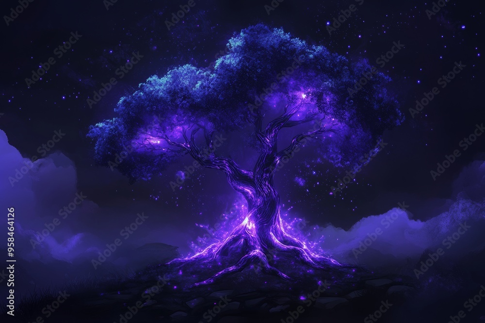 An abstract purple design with luminous points in the tree top, a large ...
