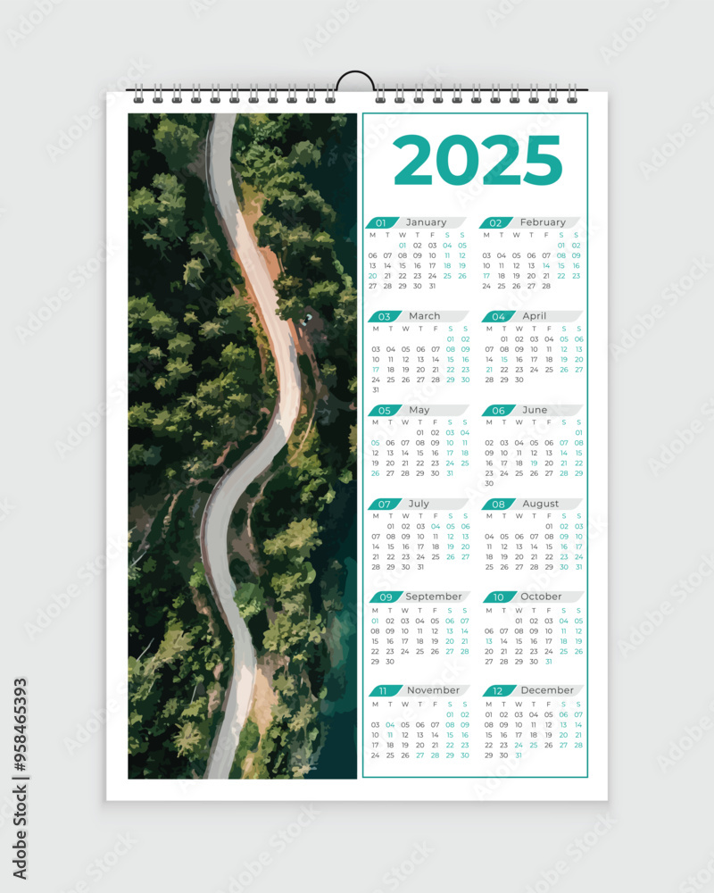2025 One page wall calendar design template, modern 12 months one page ...
