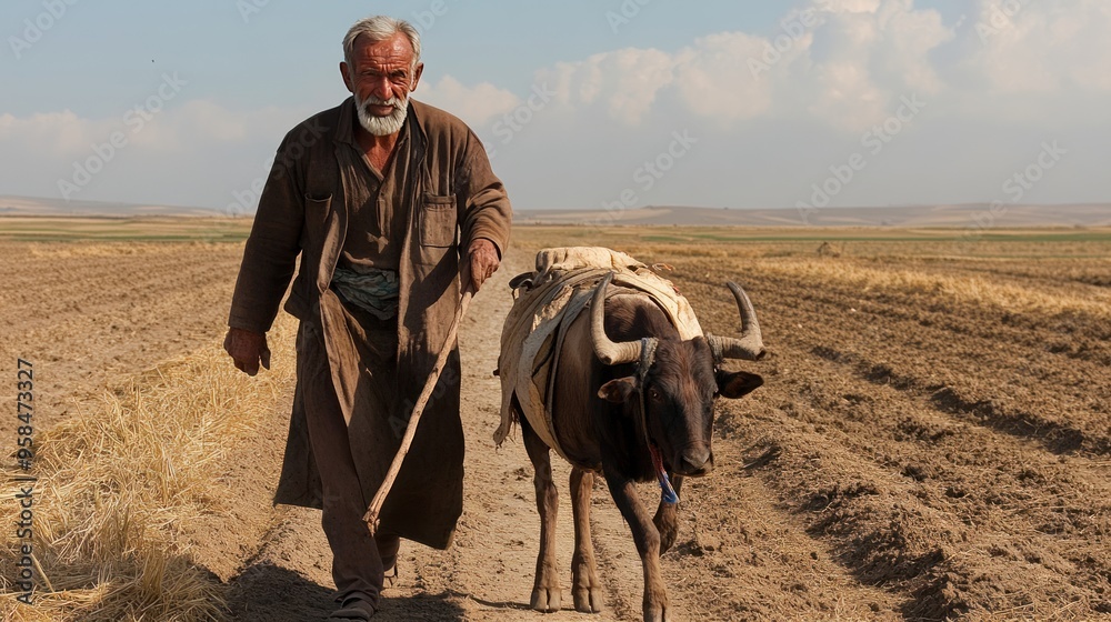 An elderly farmer walking alongside his ox in a dry, open field under a ...