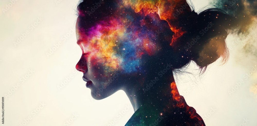 Unisex man in a large helmet with bright stars and galaxies projected ...