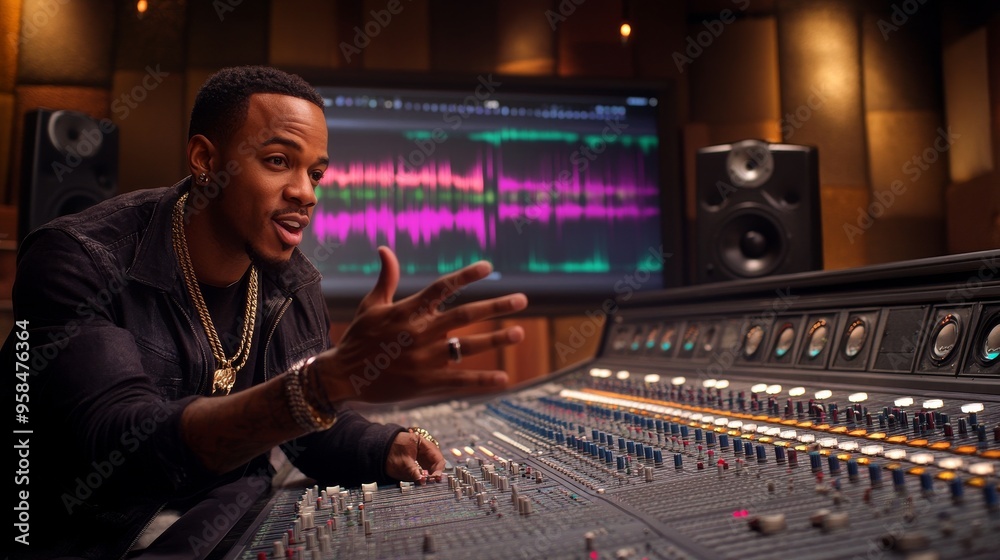 Camera B shows African American audio engineer counting down singer in ...