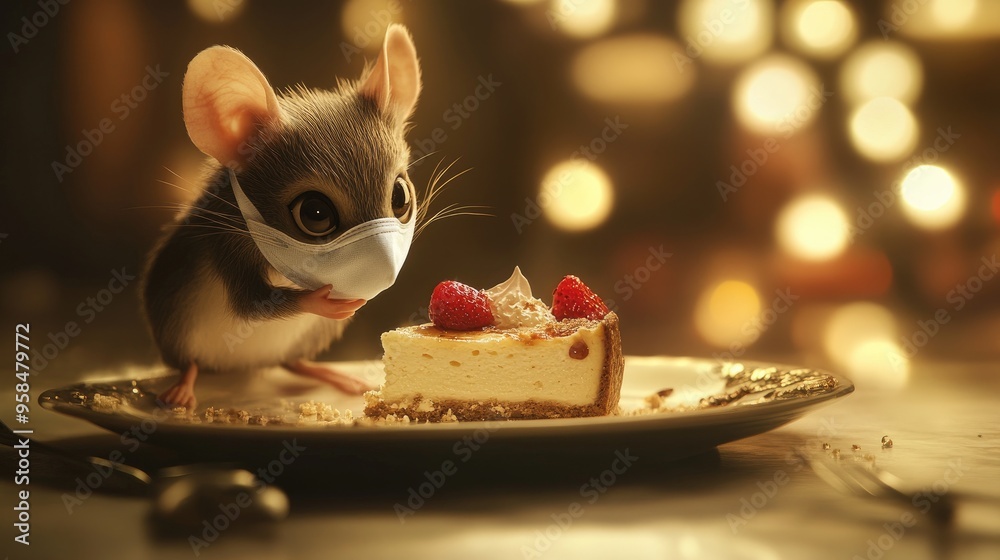 Mouse wearing a mask stealing cheesecake from a plate, captured up ...