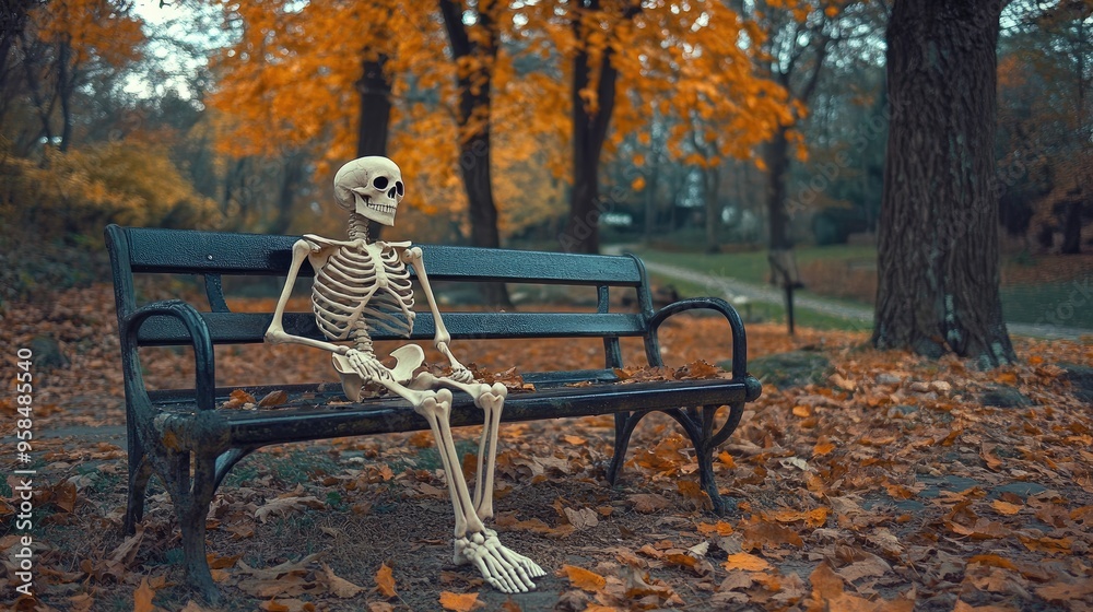 Skeleton resting on a park bench under trees, amidst fallen leaves. A ...
