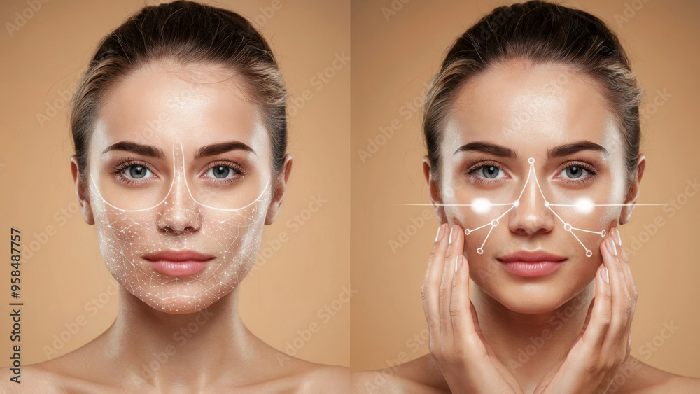 Woman's face with digital facial mapping on warm beige background ...