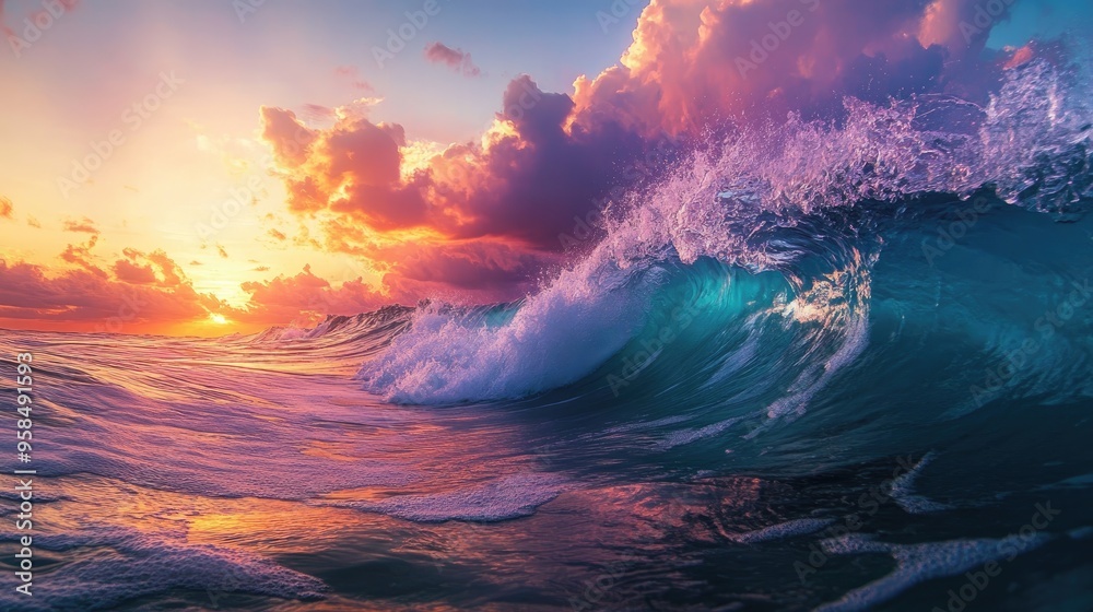 Stunning view of colorful giant ocean waves crashing under a vibrant ...