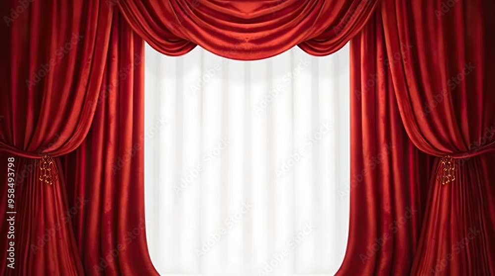 Elegant red velvet curtains on transparent background with soft folds ...