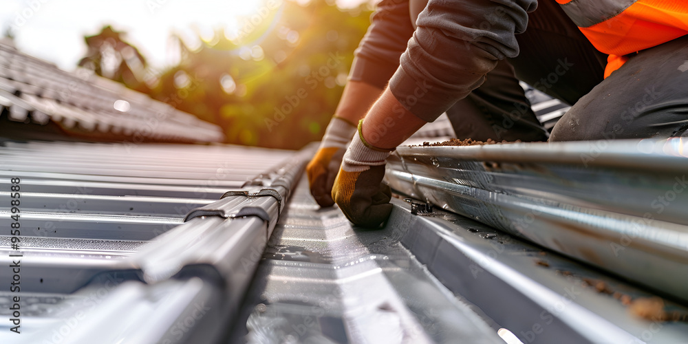Roofer Installing Metal Sheet And Wear Safety Uniform Working On High ...