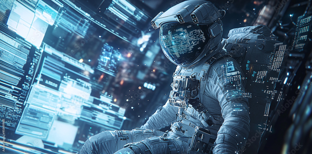 An astronaut floating in space, surrounded by digital data streams ...