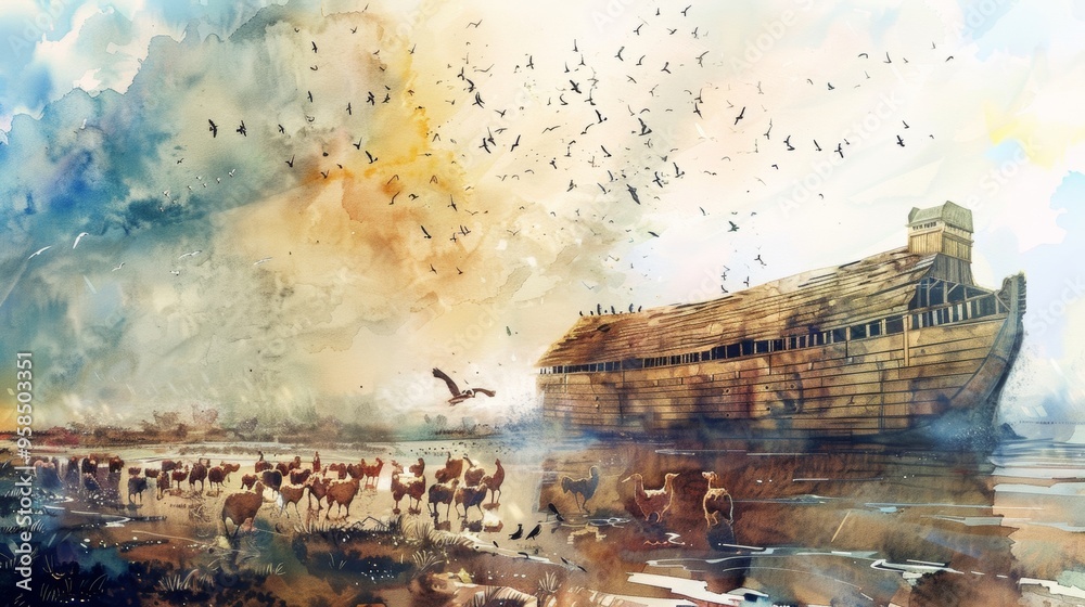 Noah's Ark, The Great Flood, Old Testament, Watercolor Bible ...