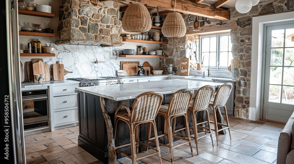 Rustic farmhouse kitchen with stone walls, natural wood beams, and an ...