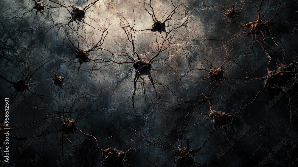 Intricate neural network design with dark textures and glowing nodes ...