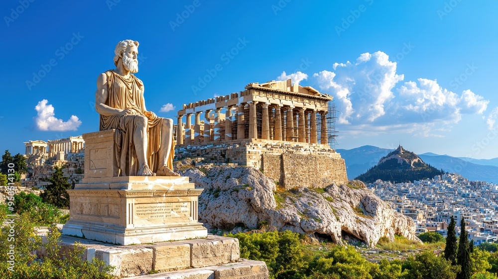Stunning view of the ancient Acropolis and statue overlooking Athens ...