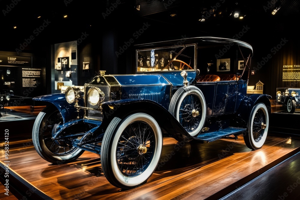 A stunning vintage blue car on display in a museum. This historic ...