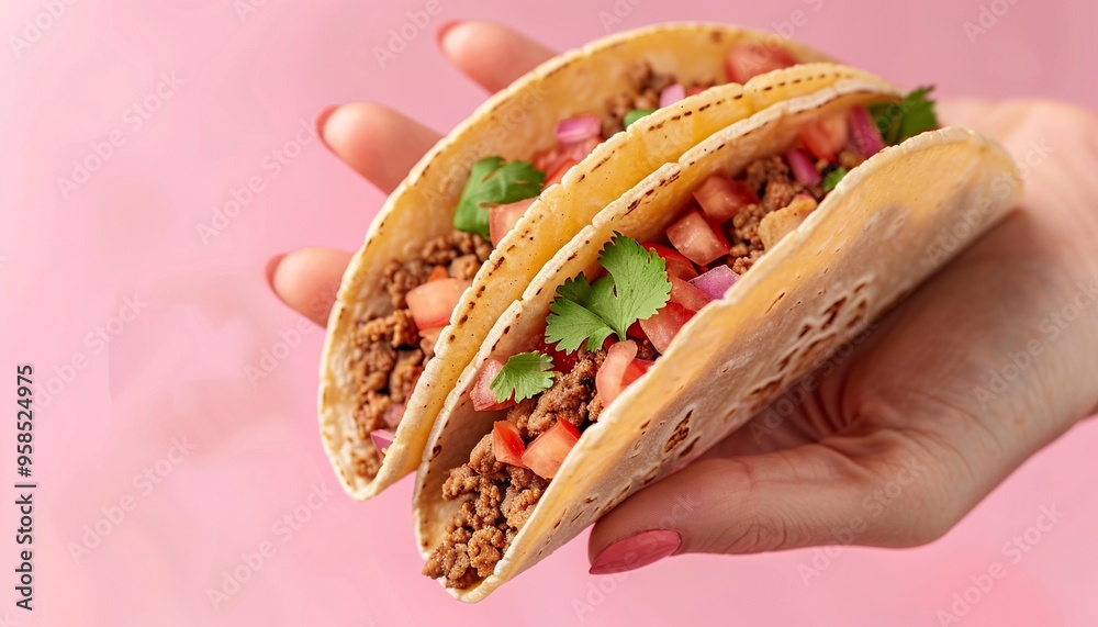 female arm. the hand is holding a mexican taco. pink studio background ...