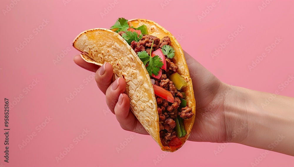 female arm. the hand is holding a mexican taco. pink studio background ...