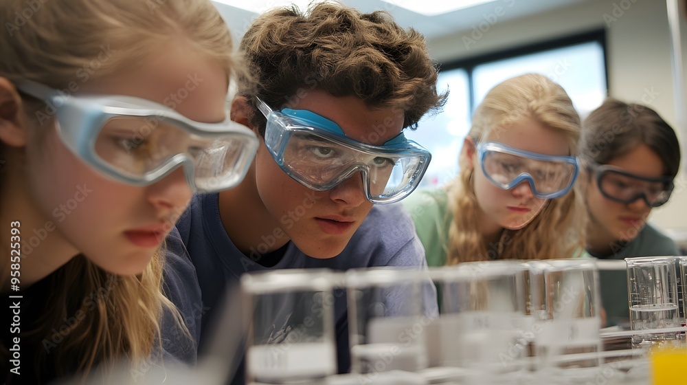 34. Students engaged in a chemistry lab with safety goggles and lab ...