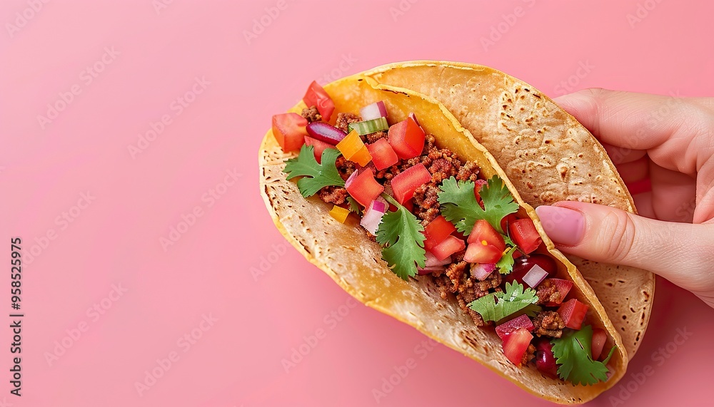 female arm. the hand is holding a mexican taco. pink studio background ...