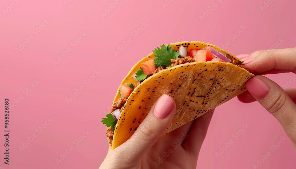 female arm. the hand is holding a mexican taco. pink studio background ...