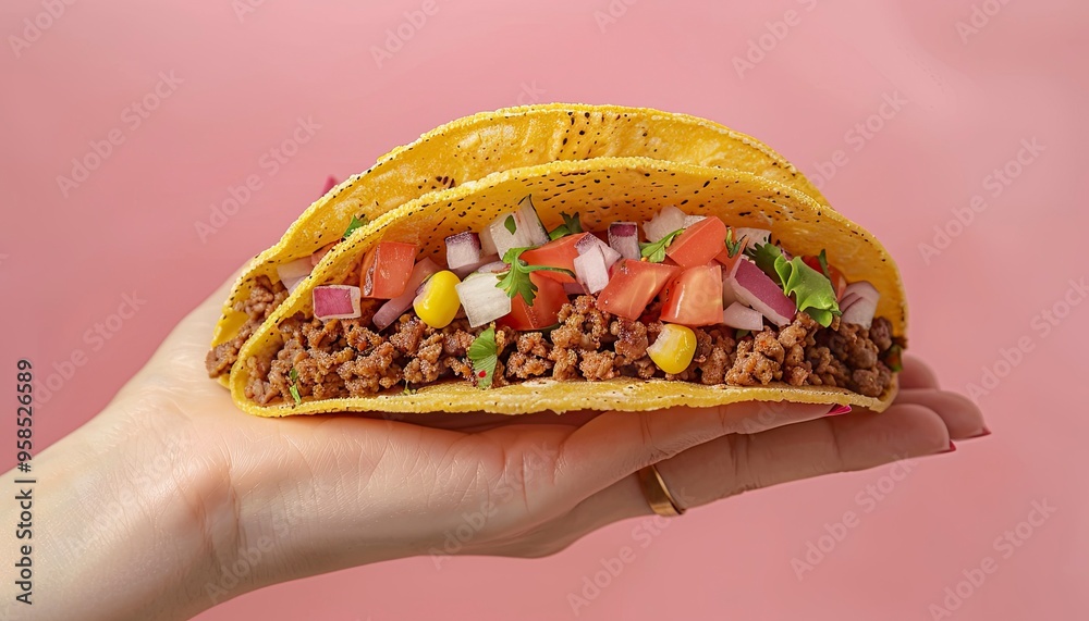 female arm. the hand is holding a mexican taco. pink studio background ...