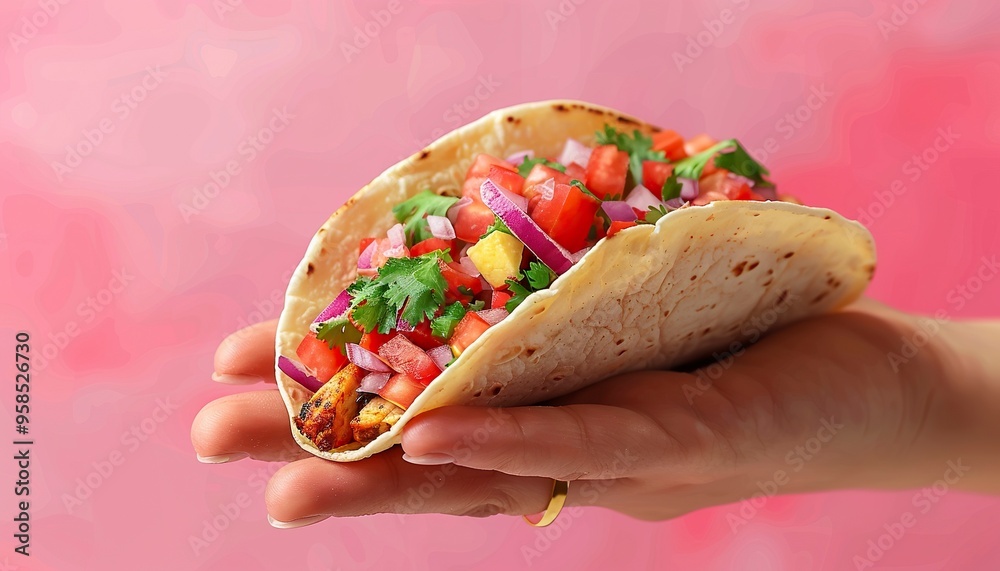 female arm. the hand is holding a mexican taco. pink studio background ...
