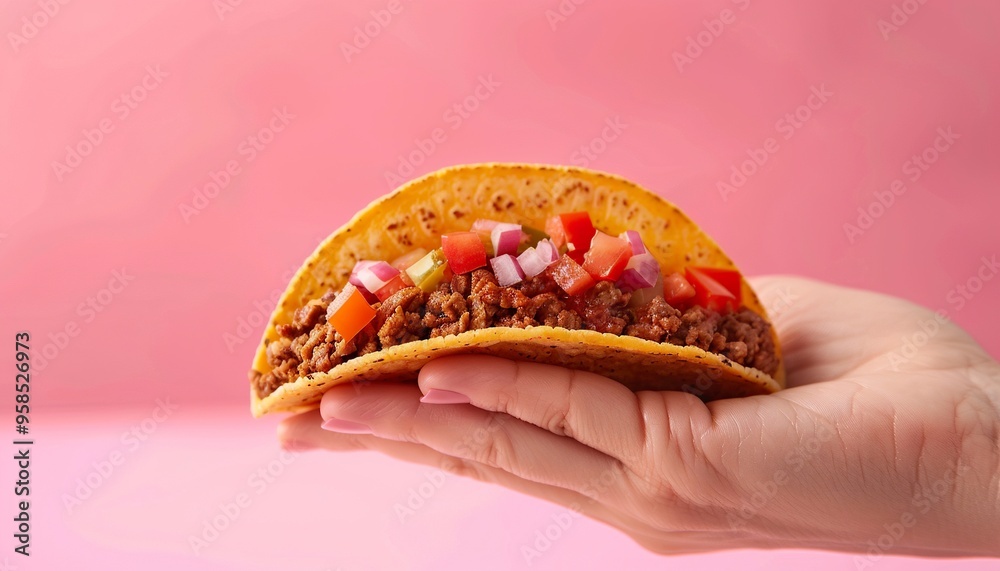 female arm. the hand is holding a mexican taco. pink studio background ...