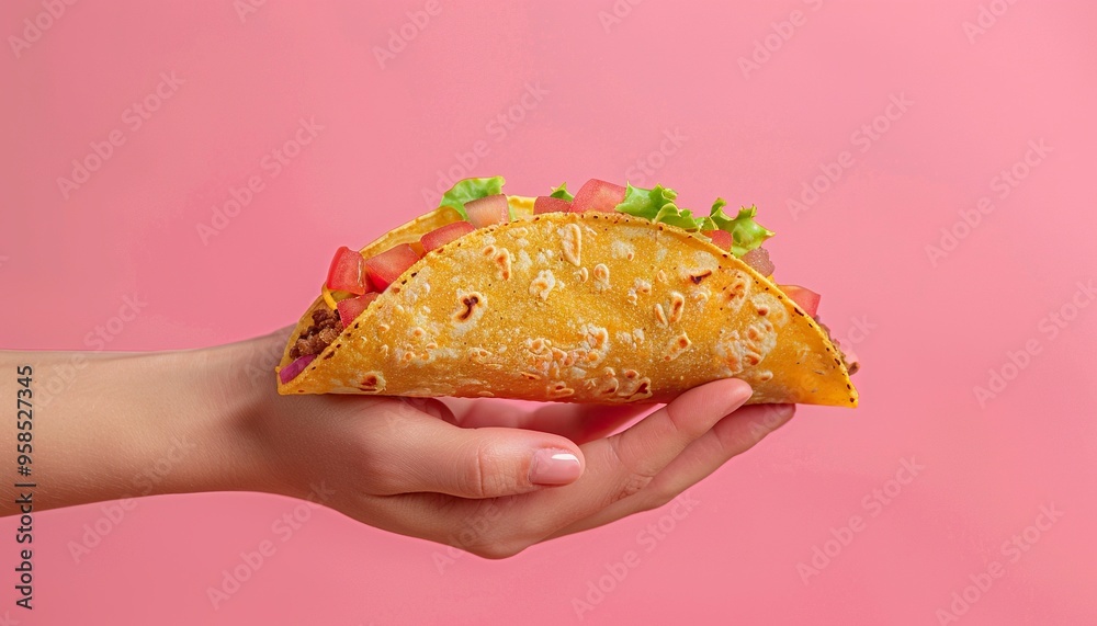 female arm. the hand is holding a mexican taco. pink studio background ...