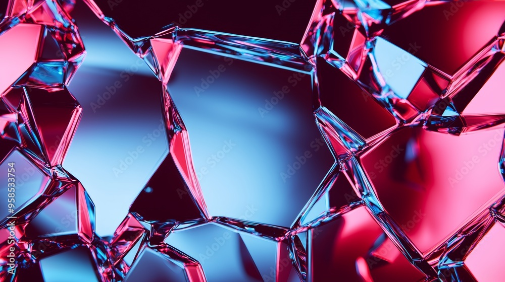 Jagged glass fragments with glowing red and blue reflections, forming ...
