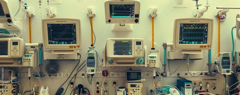 A row of advanced medical monitors displaying vital signs in a hospital ...