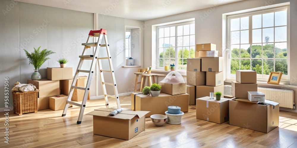 Tattered boxes and paint-stained containers litter the floor, while a ...