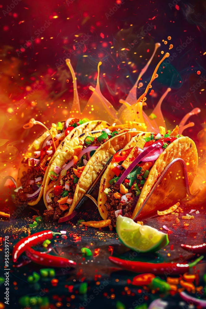 flyer of mexican tacos party, use neon colors, explosion of colors and ...