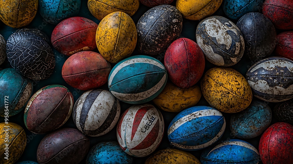A collection of vintage rugby balls with worn leather textures ...