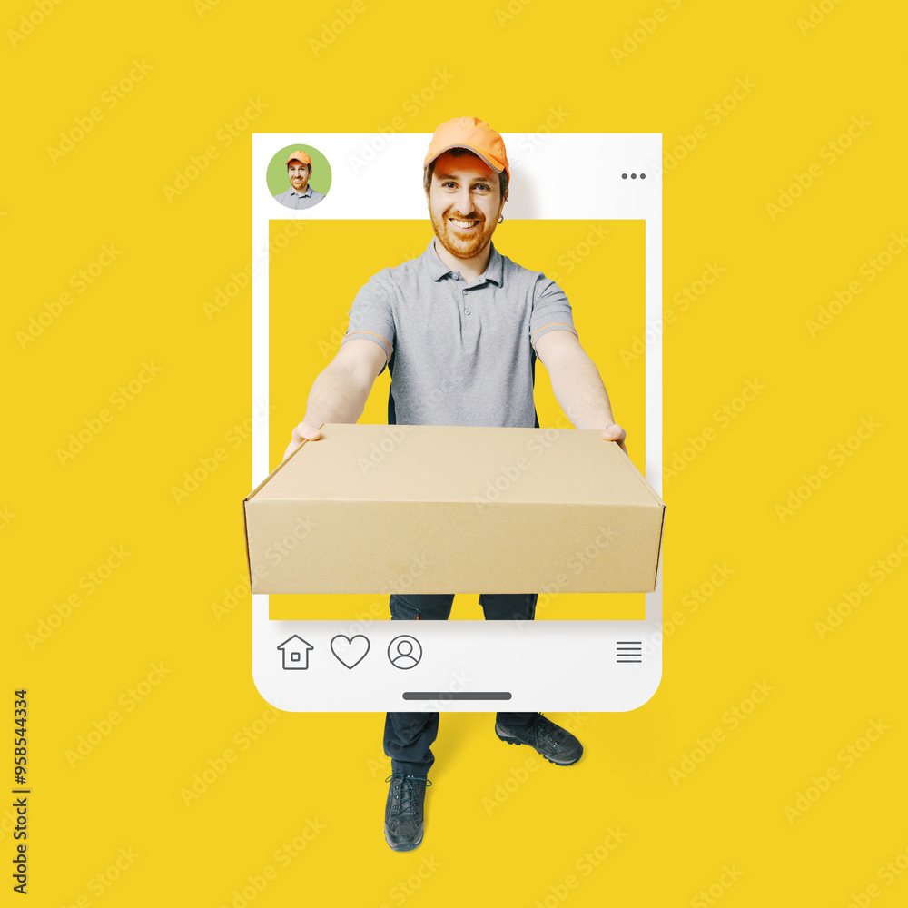 Courier delivering boxes and sharing a social media post Stock Photo ...