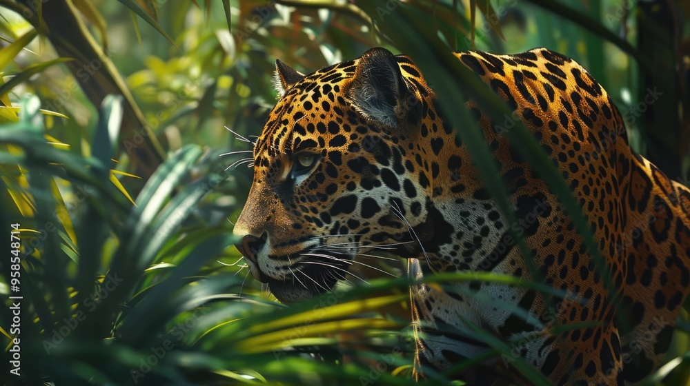 A jaguar roams the Amazon rainforest, its spotted fur perfectly ...