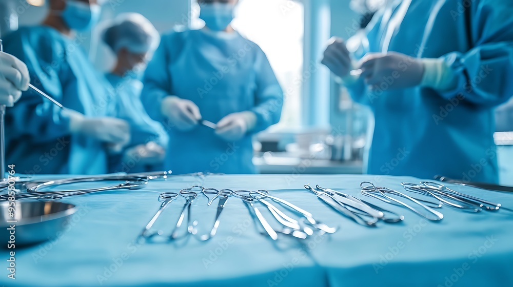 A surgical team preparing for a major operation, with sterile equipment ...