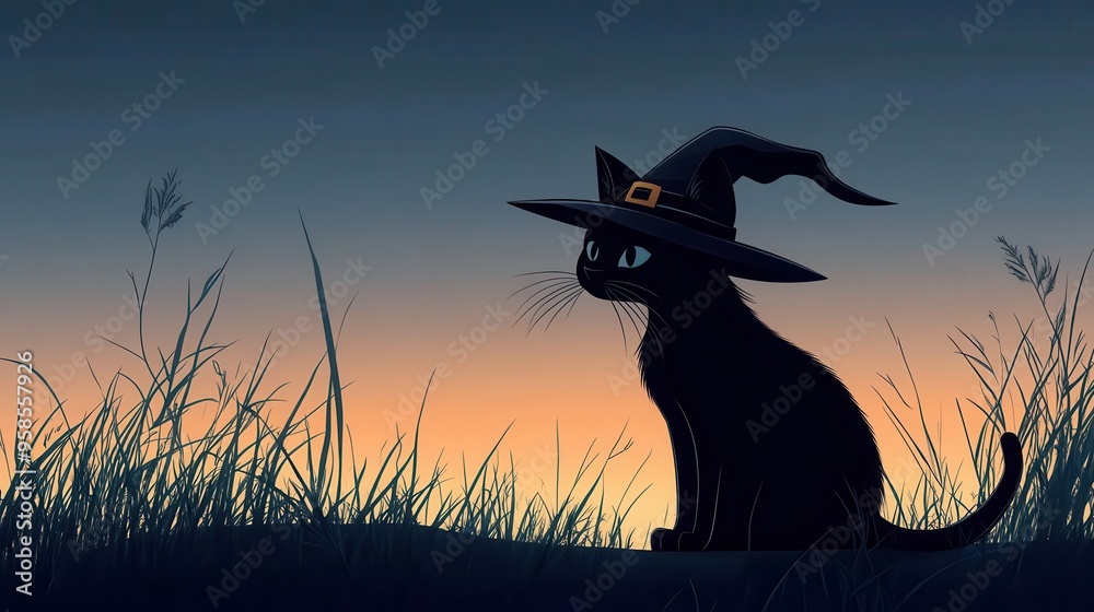 Ghostly black cat in a witch hat silhouetted against the twilight, flat design, side view ...