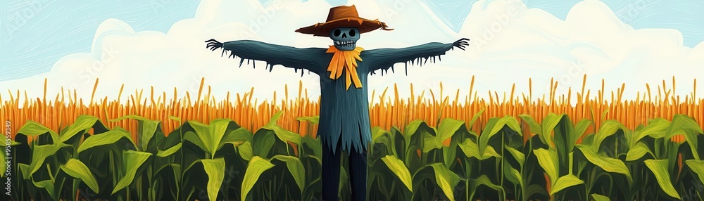 Sinister scarecrow guarding a cornfield, flat design, side view, eerie ...