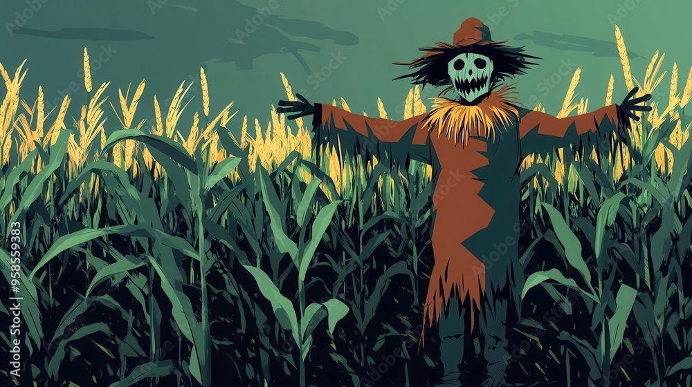 Sinister scarecrow in a shadowy cornfield, flat design, side view ...