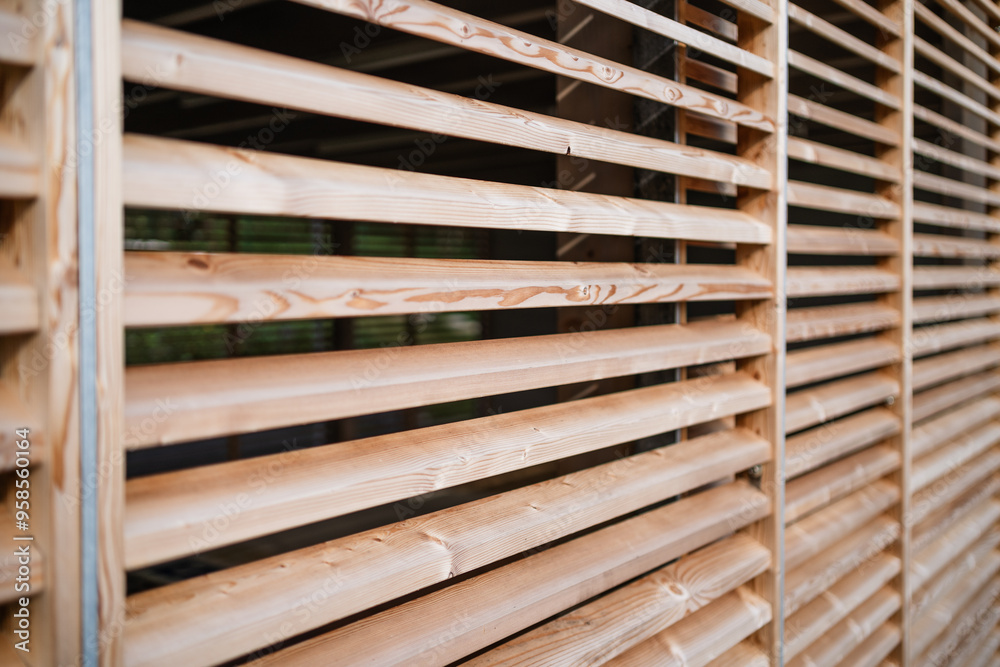 Wooden slats form a detailed, close-up view of a natural timber ...