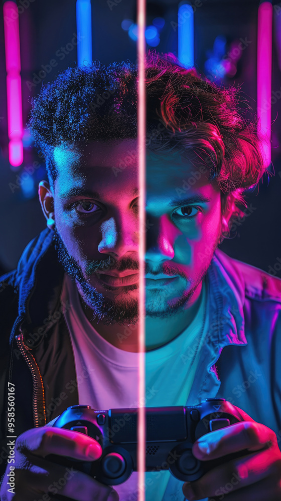 Confrontation between video game players. Two players with game ...