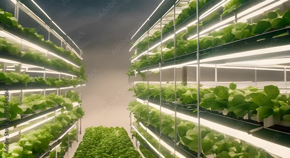Vertical farm with rows of growing green plants Concept Modern ...
